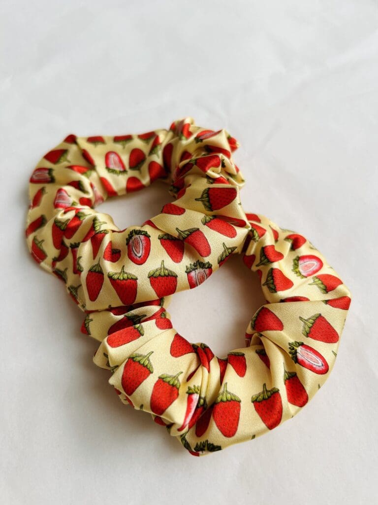 Real silk white strawberry hand-drawn, UK handmade scrunchie